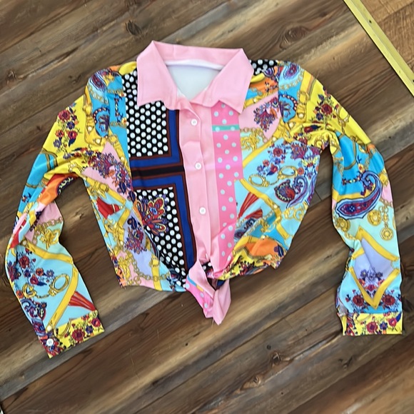 Tops | Colorful Retro Long Sleeve Tie Front Cropped Button Up Blouse Xl | Poshmark